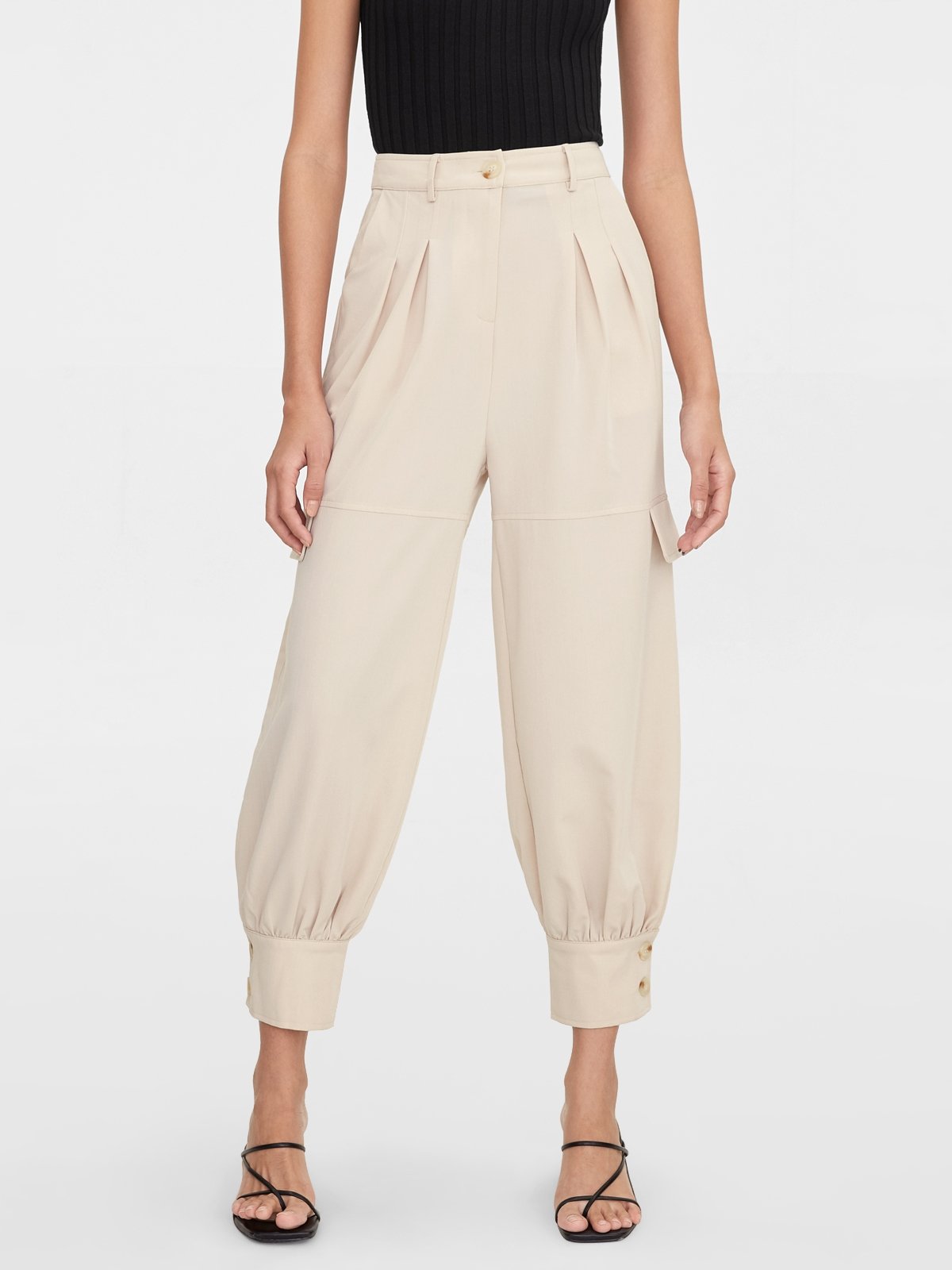 Buttoned Cuff High Waist Pants - Cream - Pomelo Fashion