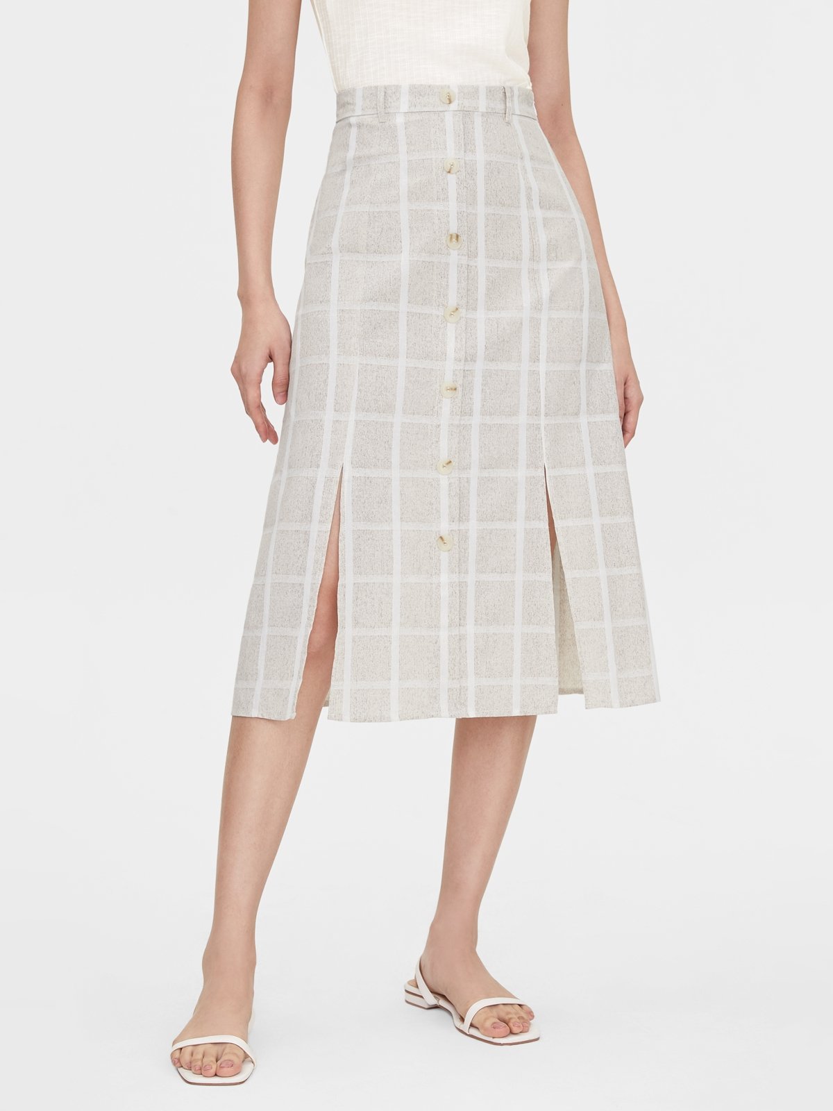 Double Slit Checkered Skirt - Beige - Pomelo Fashion