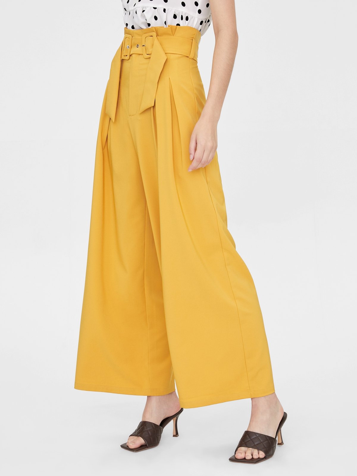 Two Buckle Belted Wide Leg Pants Mustard Pomelo Fashion