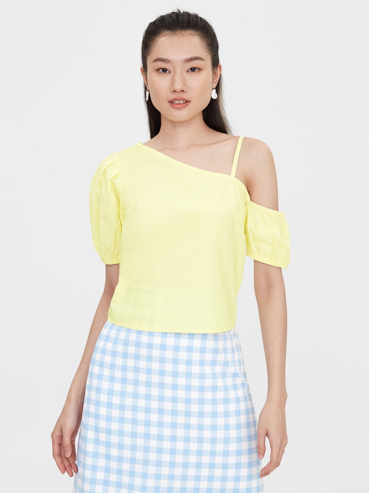 One Shoulder Strap Puffed Sleeves Top - Yellow - Pomelo Fashion