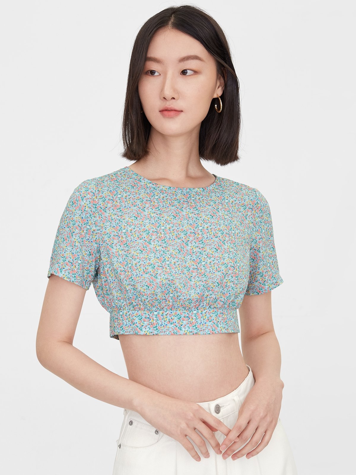 Tie Back Short Sleeves Crop Top - Blue - Pomelo Fashion