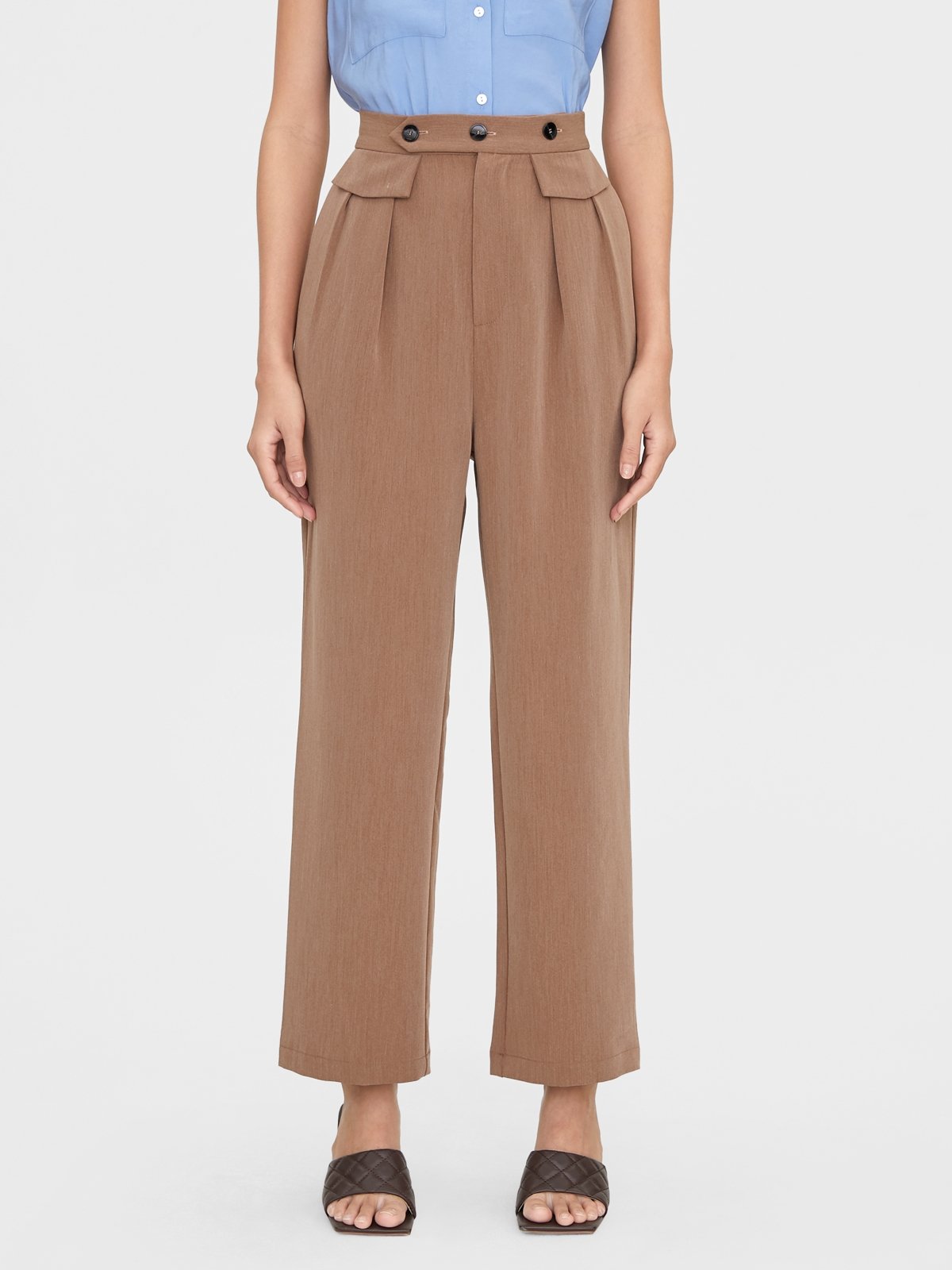 Triple Button Faux Pocket Pants - Brown - Pomelo Fashion