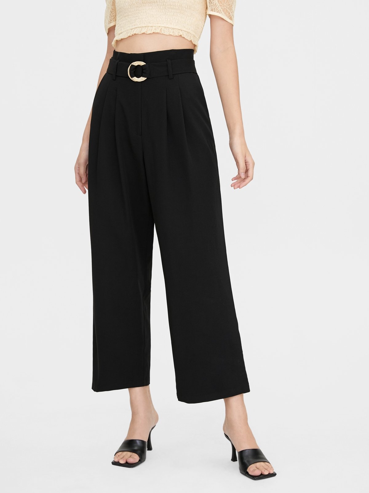 High Waist Woven Belted Pants - Black - Pomelo Fashion