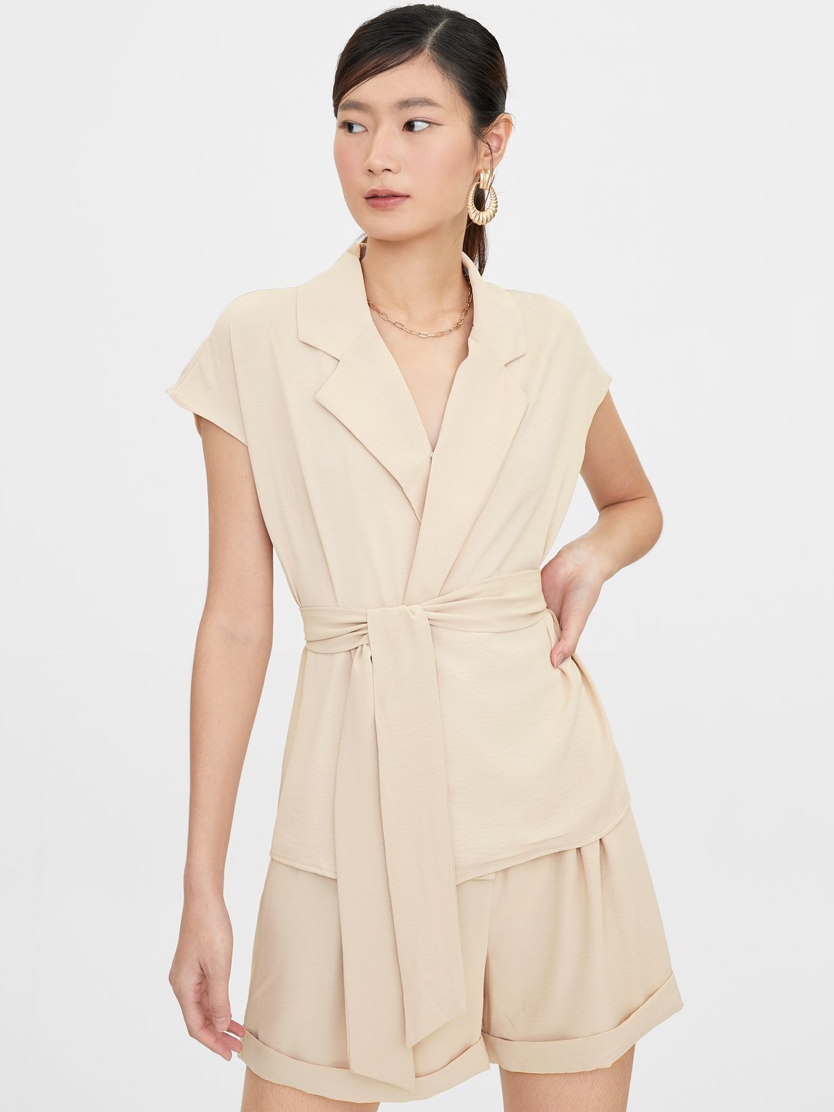 Tie Waist Wrap Sleeveless Top - Beige - Pomelo Fashion