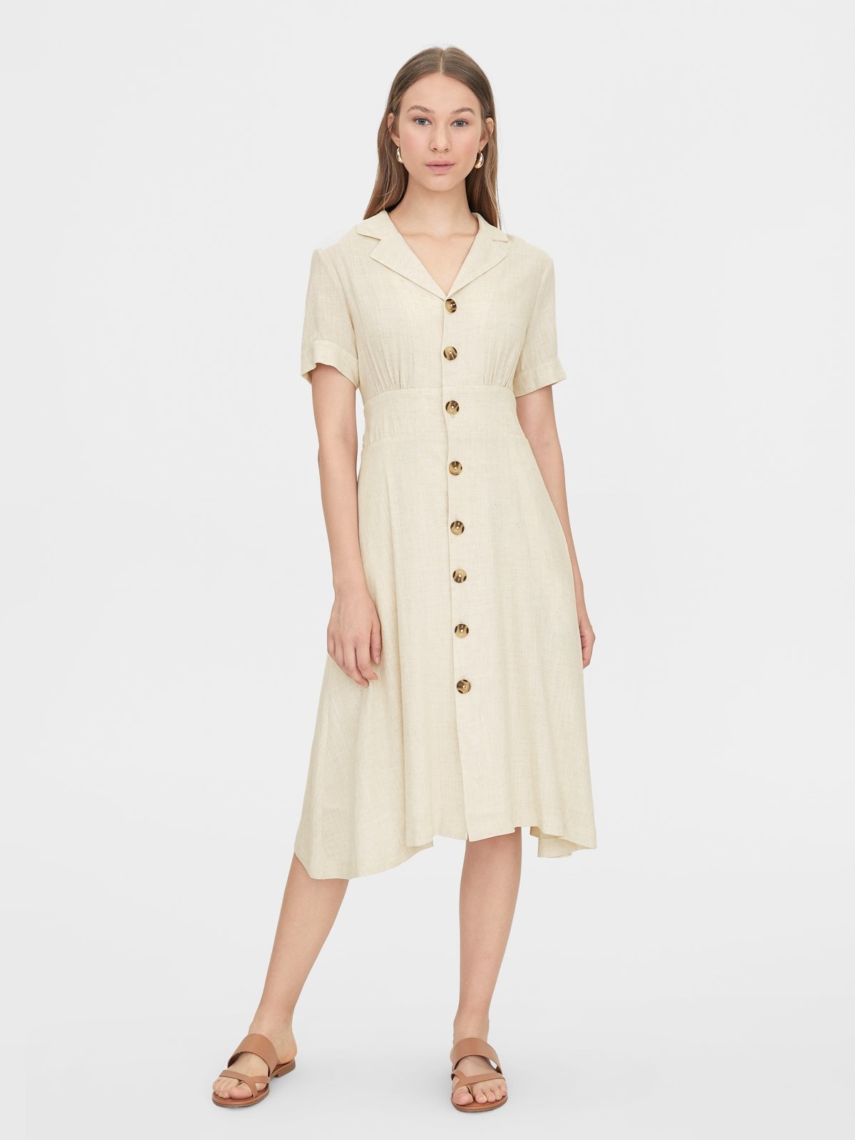 Tie Waist Button Up Dress - Beige - Pomelo Fashion