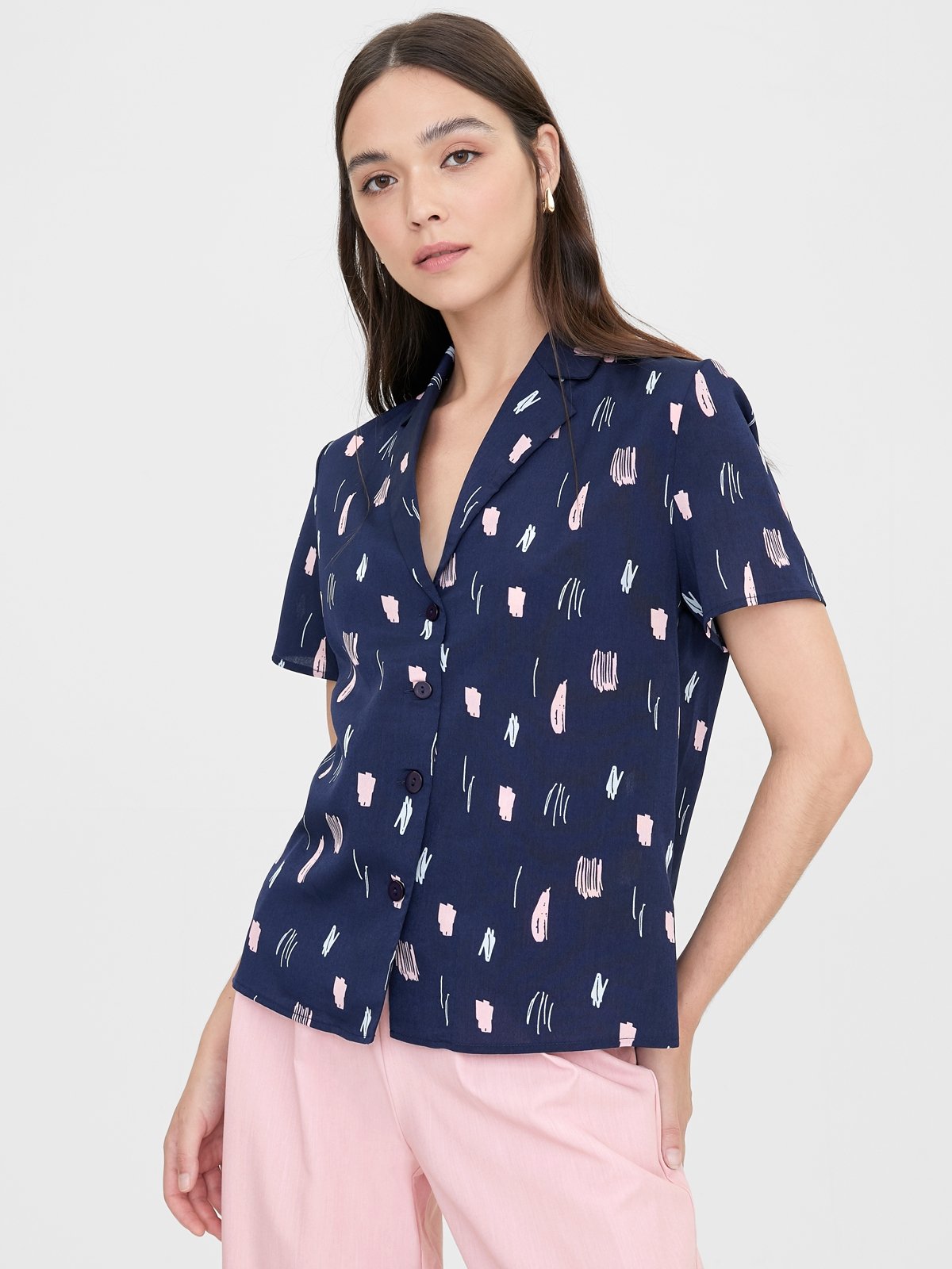 Abstract Paint Print Short Sleeves - Navy - Pomelo Fashion