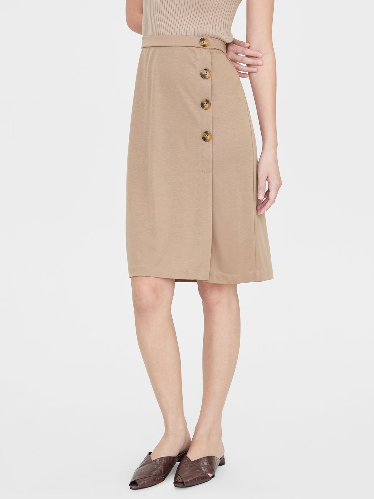 Tortoise Side Button Skirt - Brown - Pomelo Fashion