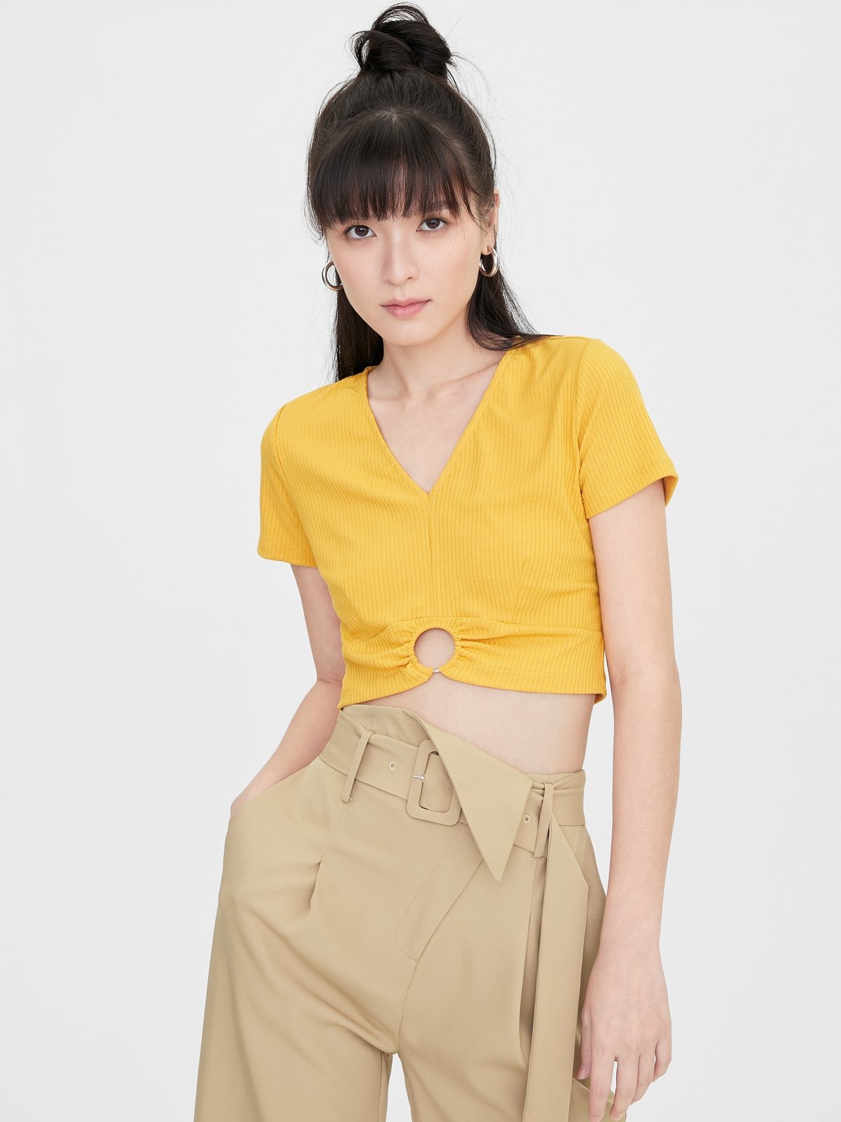Rounded Cut Out Crop Top - Mustard - Pomelo Fashion