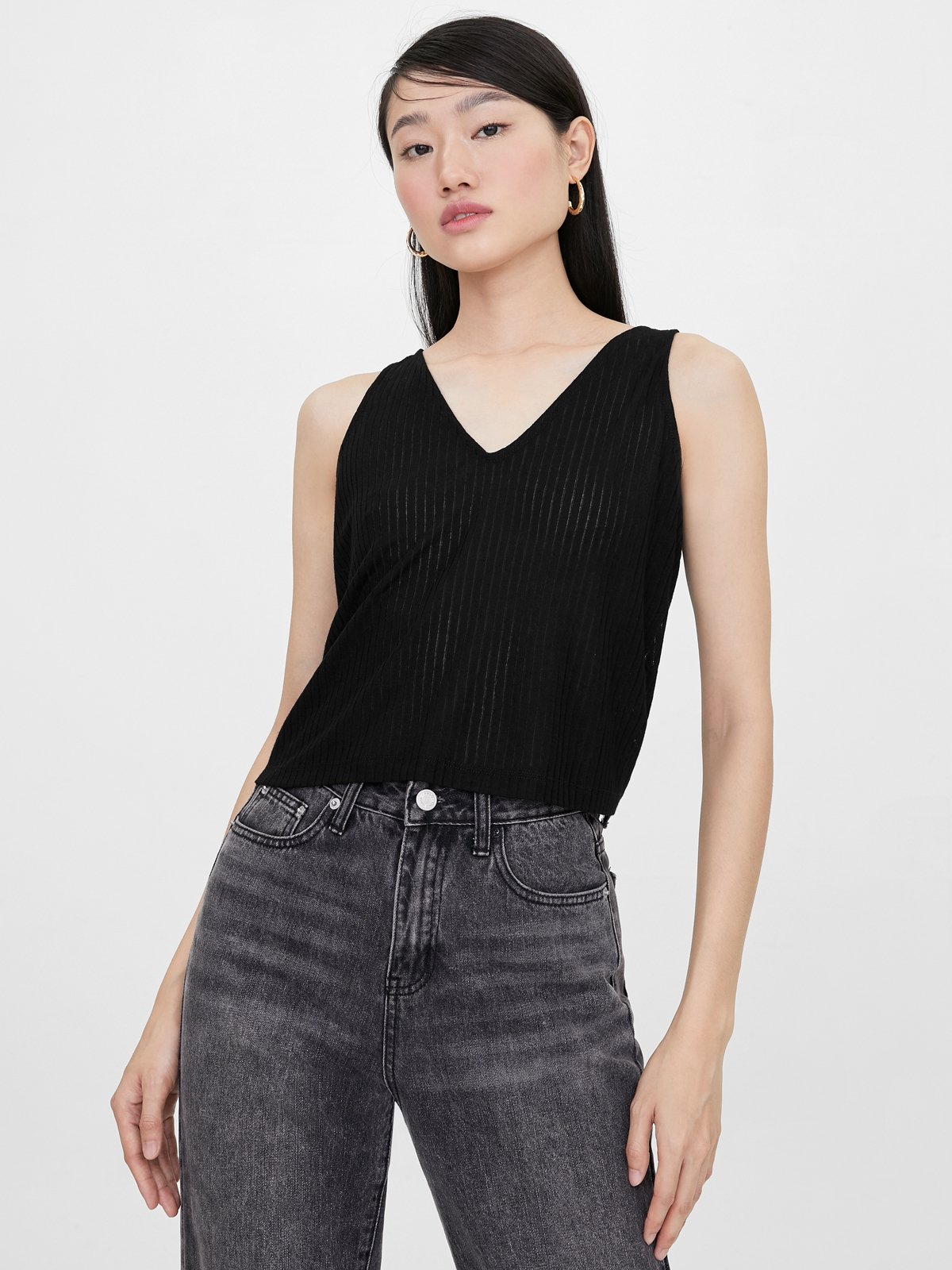 V Neck Back Bow Top - Black - Pomelo Fashion