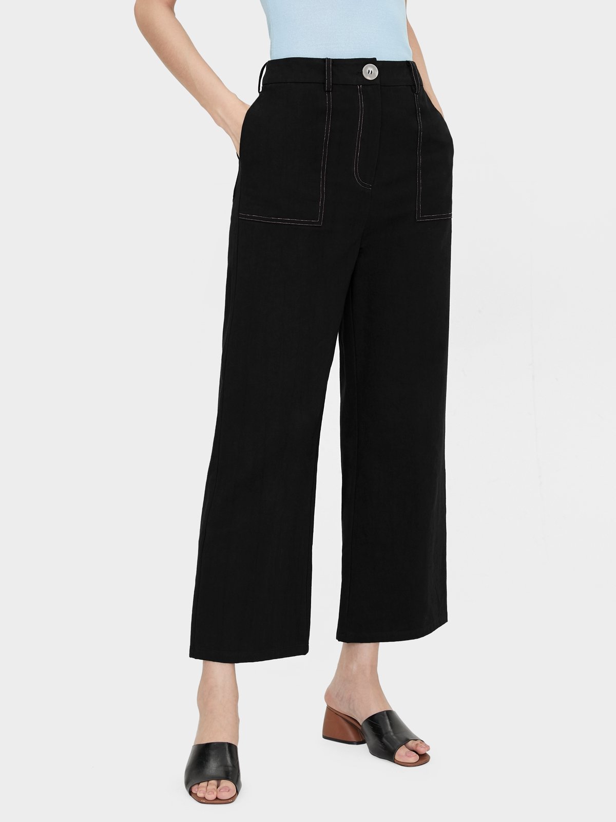 Wide Leg Side Pocket Pants - Black - Pomelo Fashion