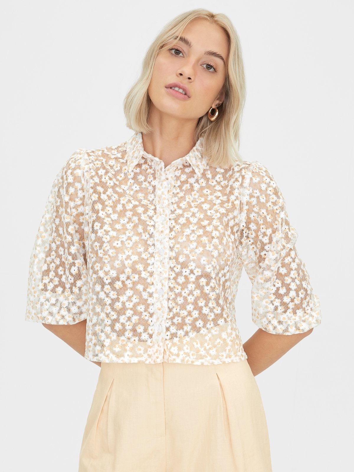 Sheer Floral Button Up Shirt - White - Pomelo Fashion