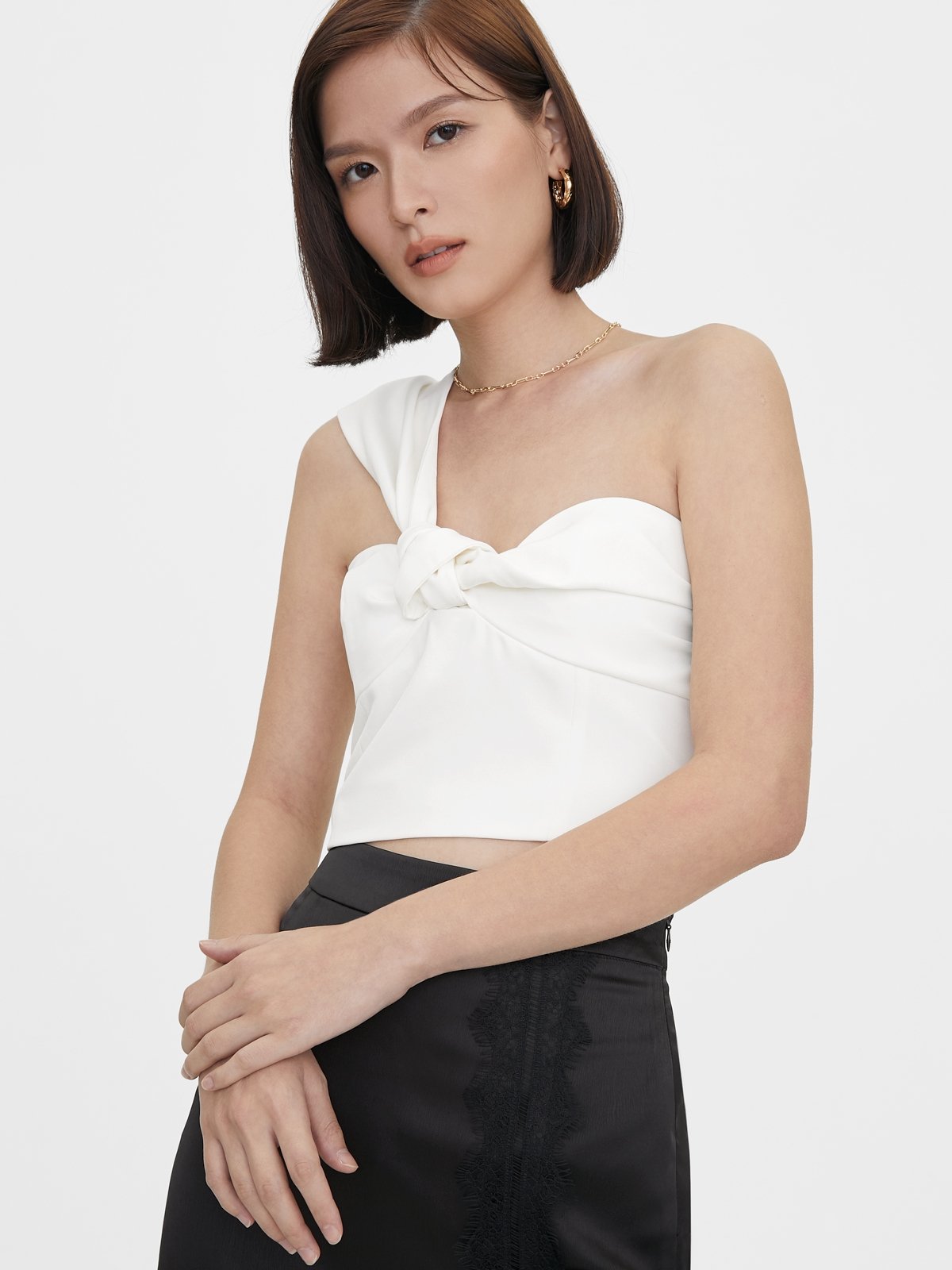 One Shoulder Knotted Sweetheart Top - White - Pomelo Fashion