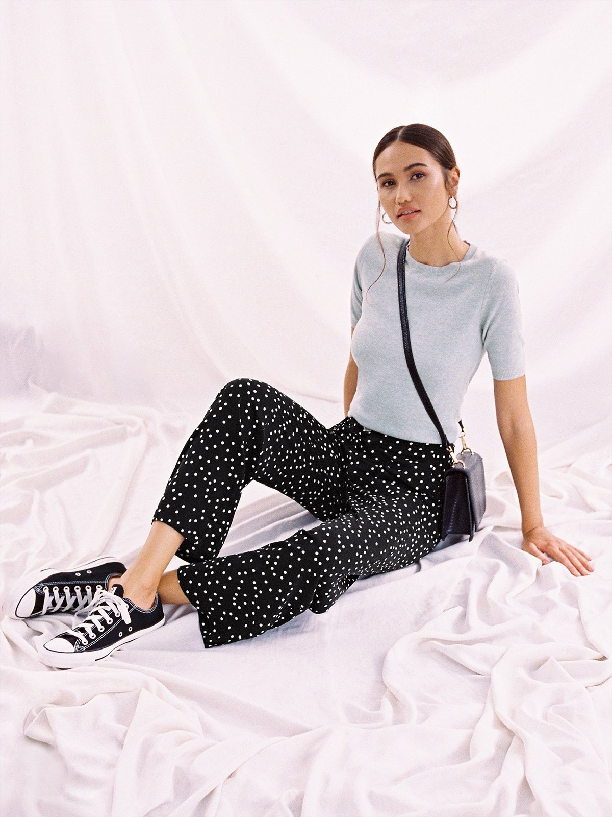 Spotted High Waist Pants - Black - Pomelo Fashion