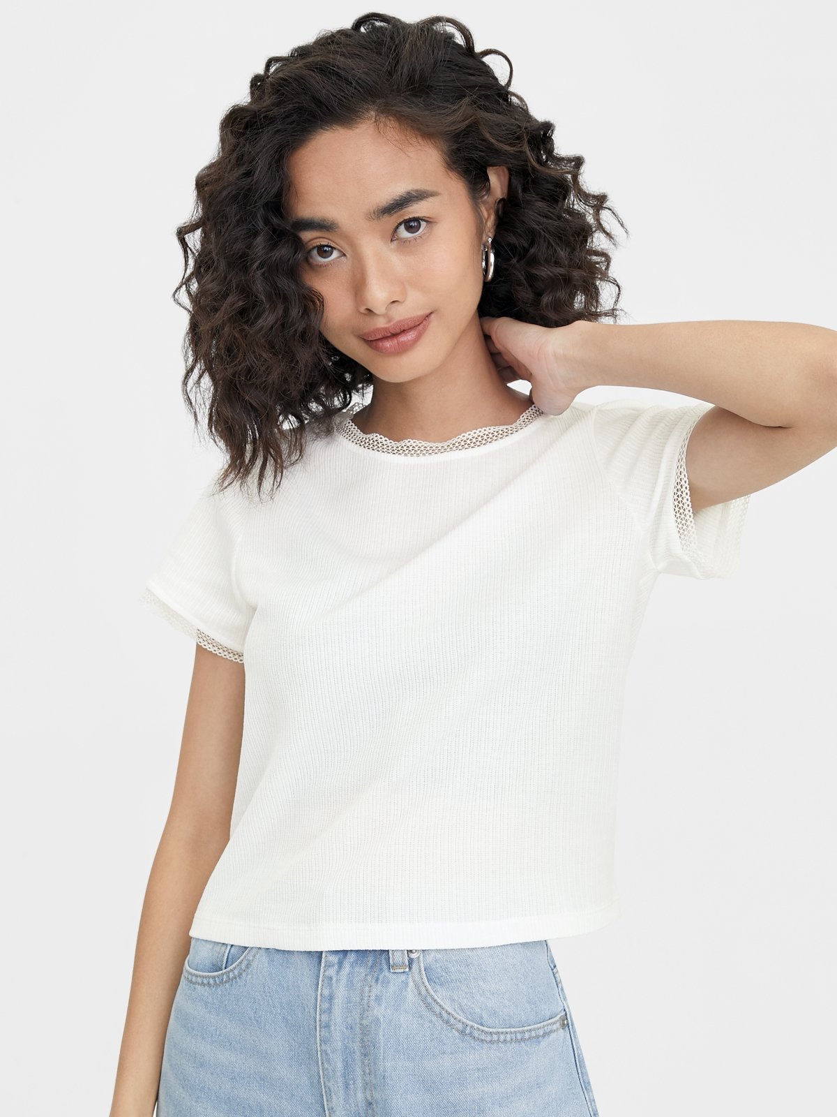 Lace Trim Ribbed Top - White - Pomelo Fashion