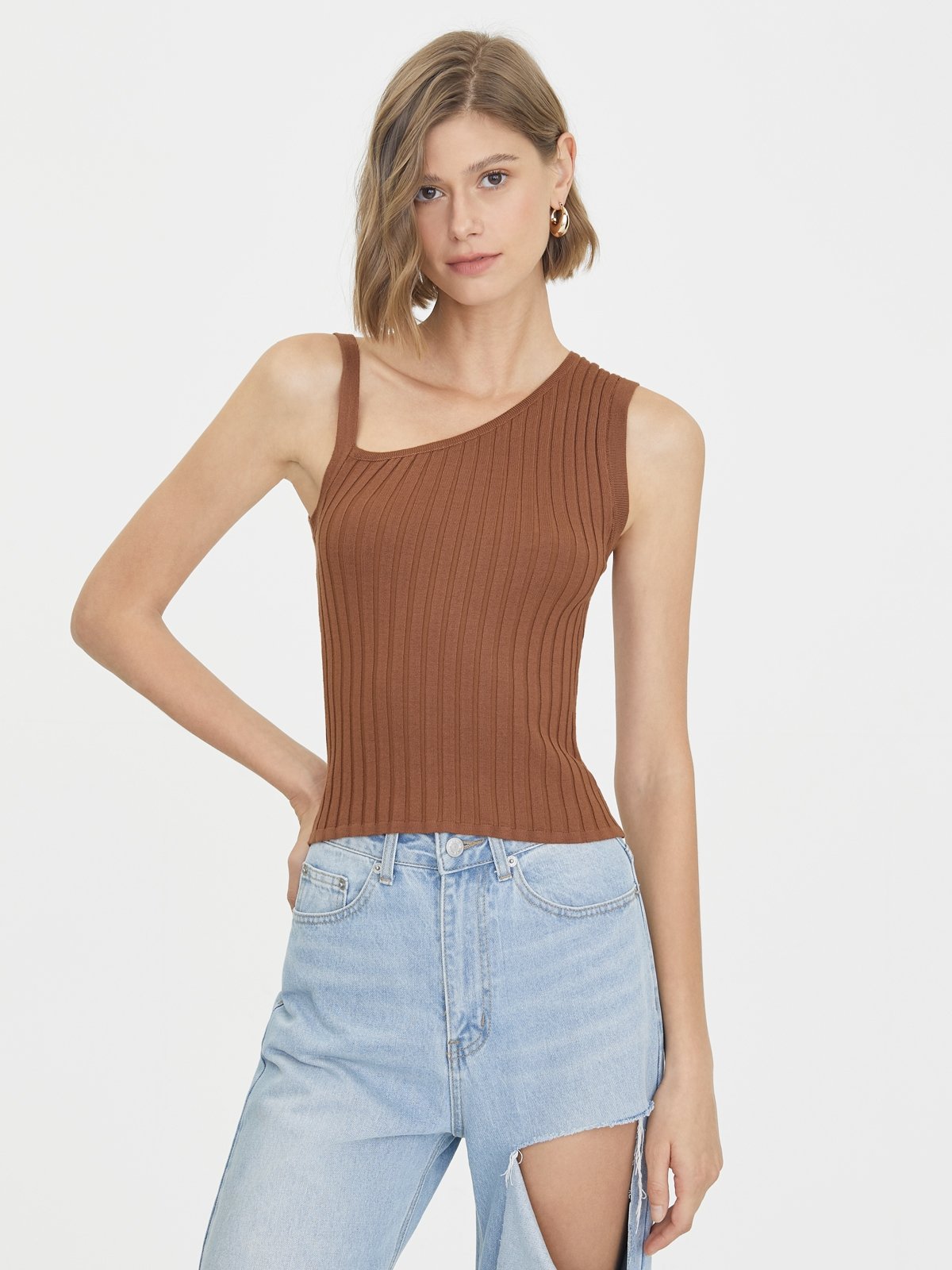 Asymmetrical Neck Knitted Tank Top - Choco - Pomelo Fashion