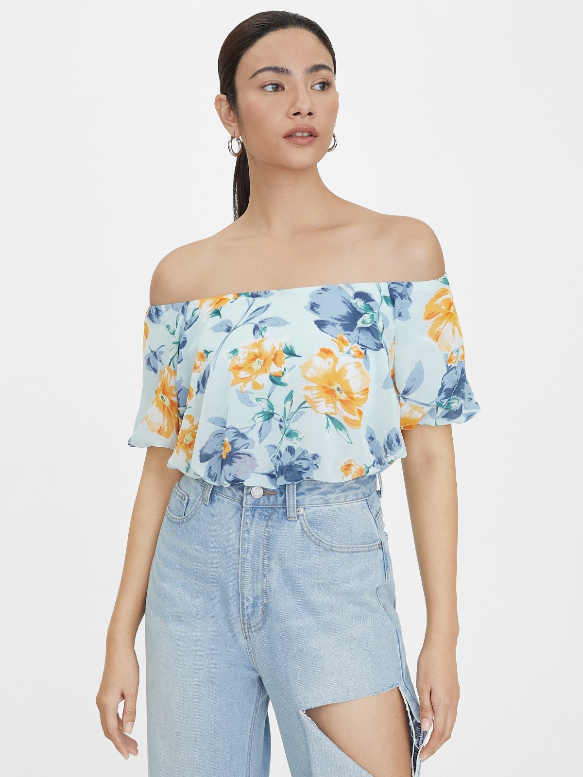 Puffed Floral Off Shoulder Crop Top - Blue - Pomelo Fashion
