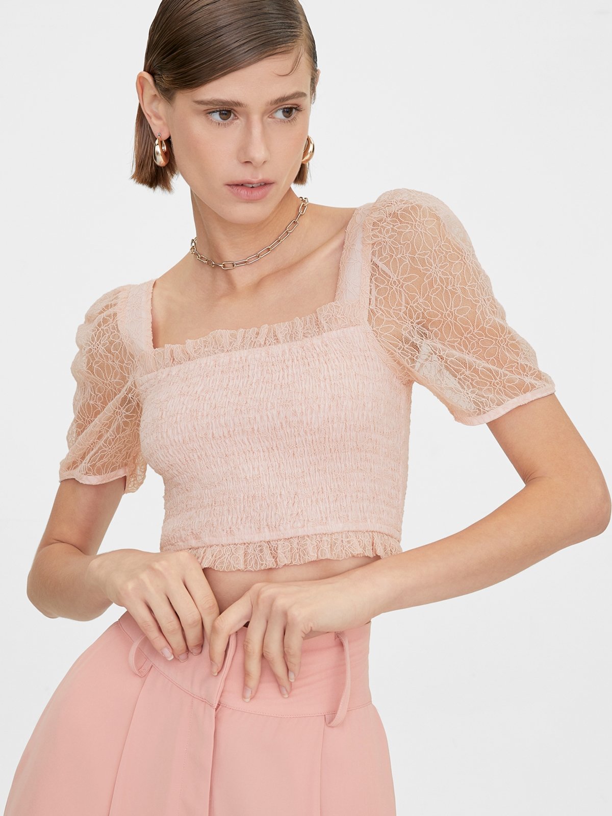 Sheer Lace Puff Sleeves Crop Top - Pink - Pomelo Fashion