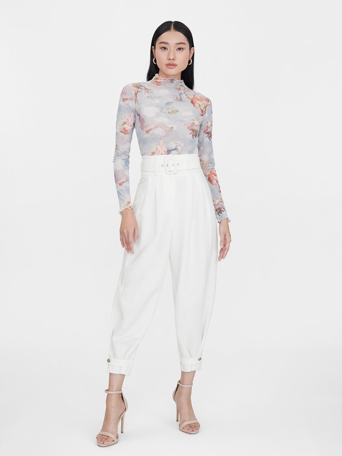 High Waisted Pegged Pants - White - Pomelo Fashion