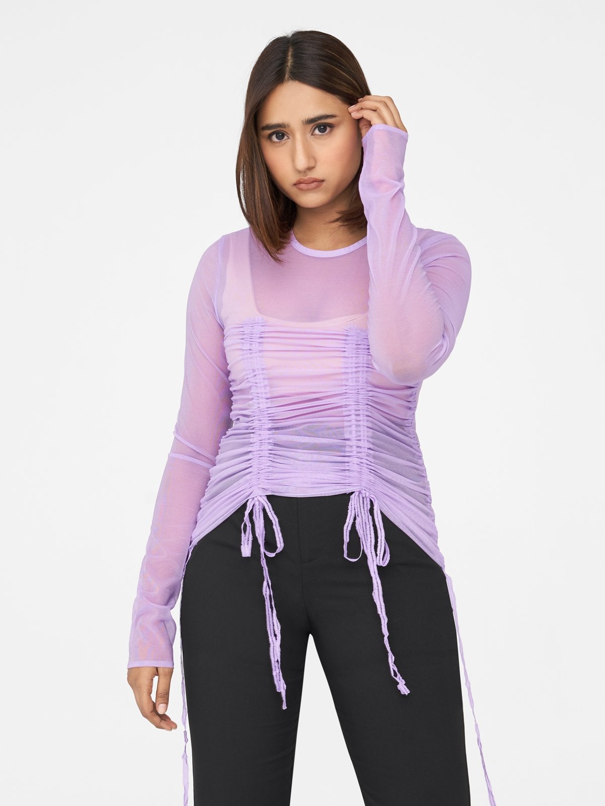 Sheer Front Ruched Top - Purple - Pomelo Fashion