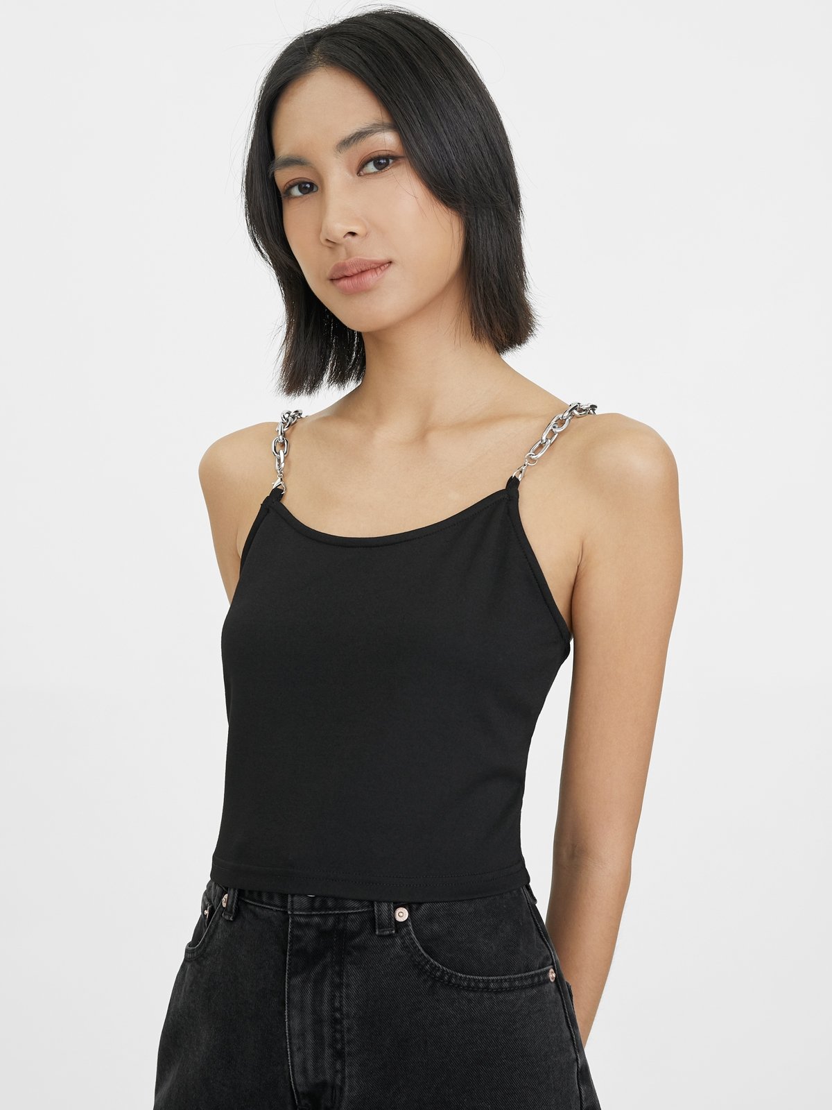 Chain Strap Cropped Cami - Black - Pomelo Fashion