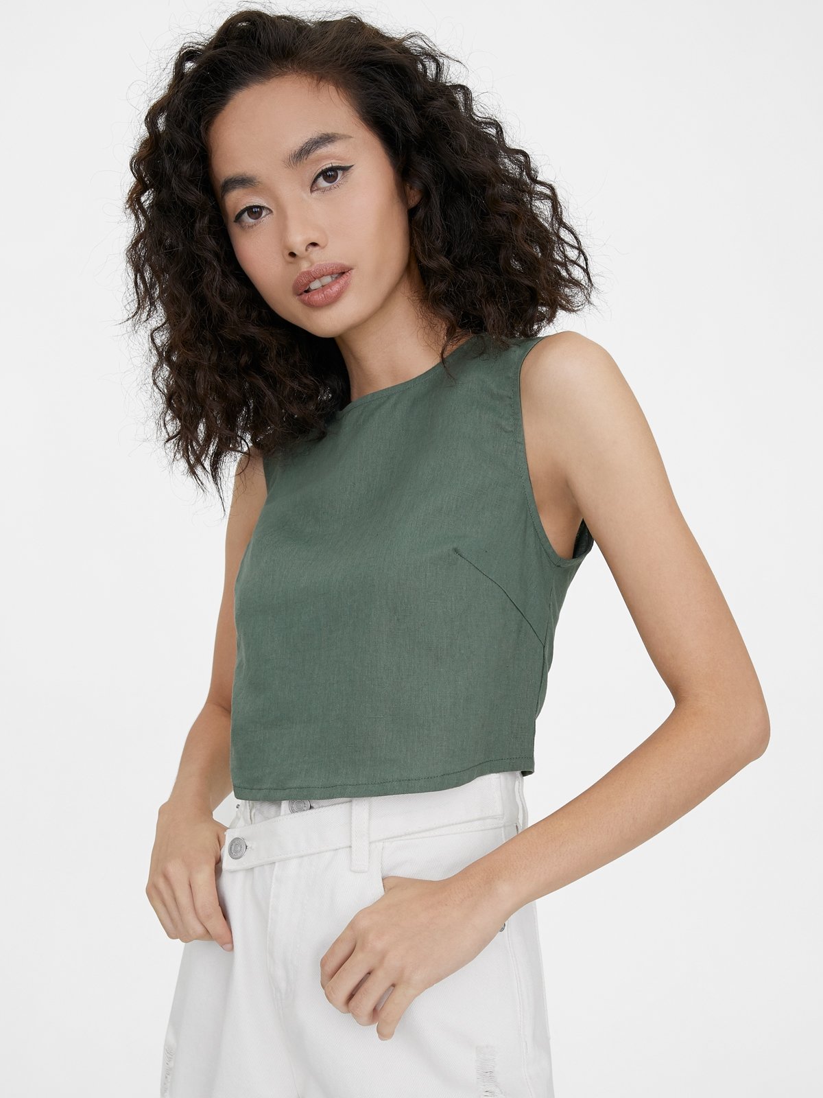 Buttoned Back Crop Top - Green - Pomelo Fashion