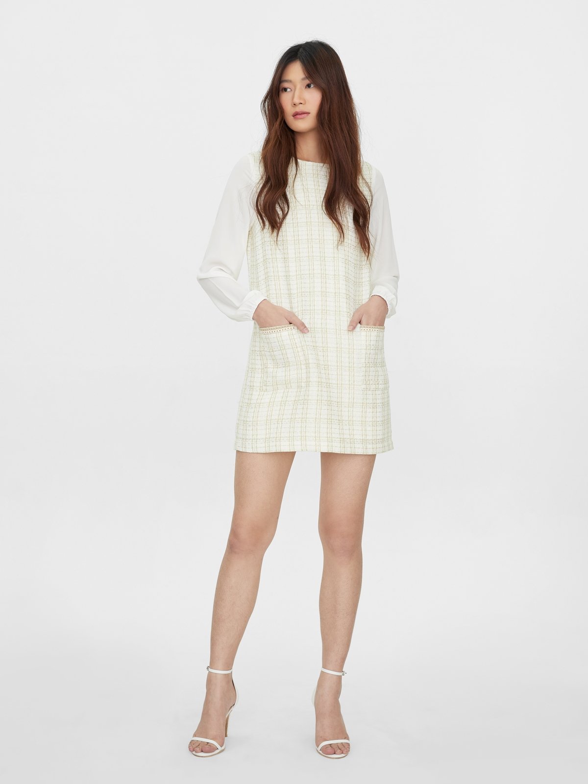 Tweed Puff Sleeve Shift Dress - White - Pomelo Fashion