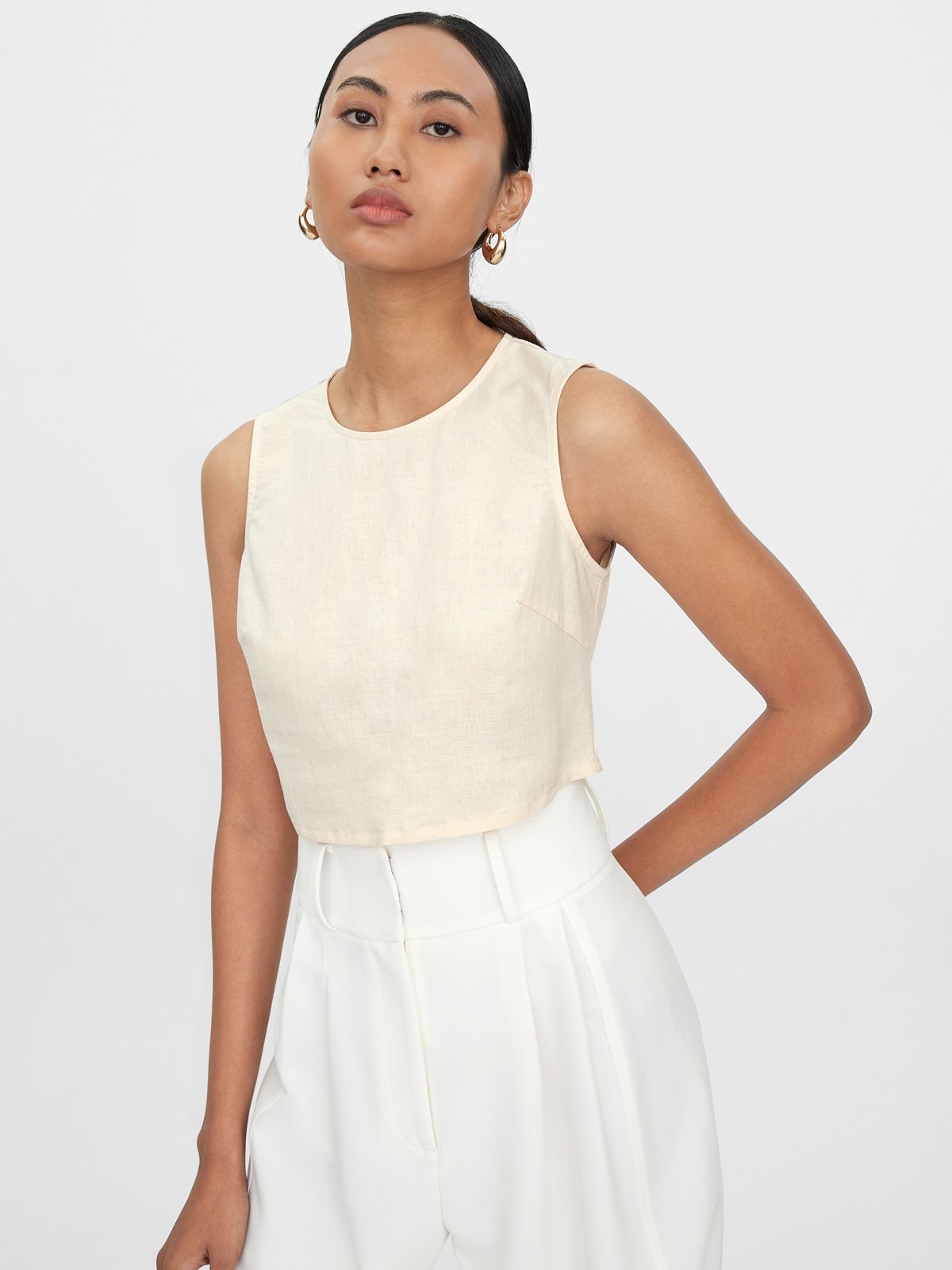 Buttoned Back Crop Top - Cream - Pomelo Fashion