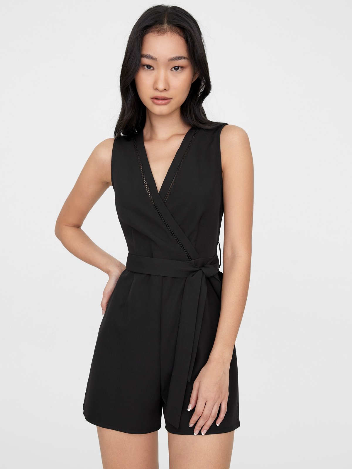 Eyelet Detail Tie Waist Romper - Black - Pomelo Fashion