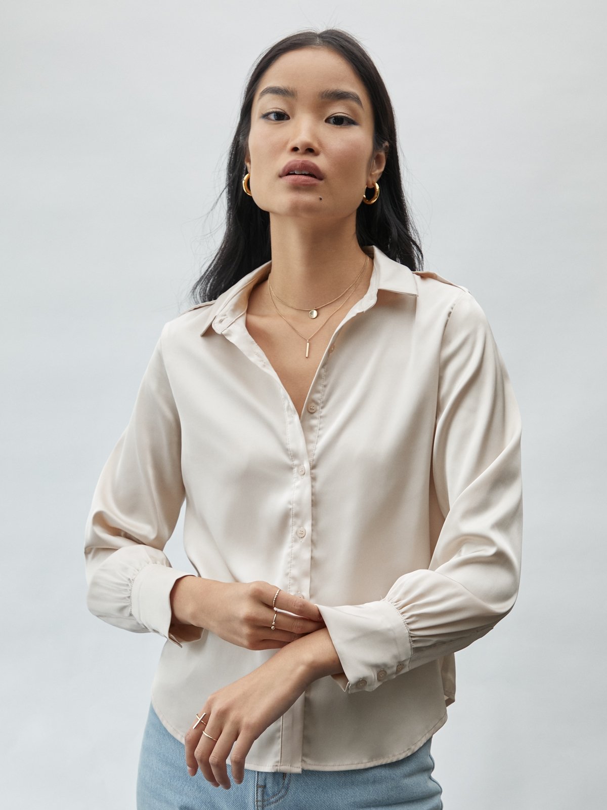 Long Sleeve Buttoned Down Shirt - Beige - Pomelo Fashion