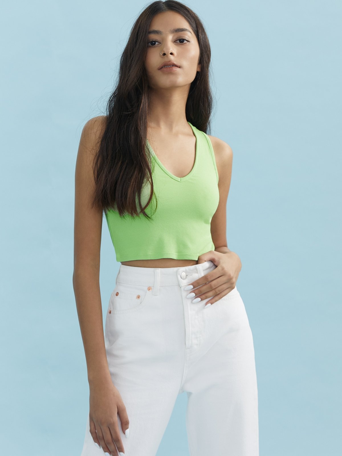 Ribbed Basic Crop Tank - Green - Pomelo Fashion