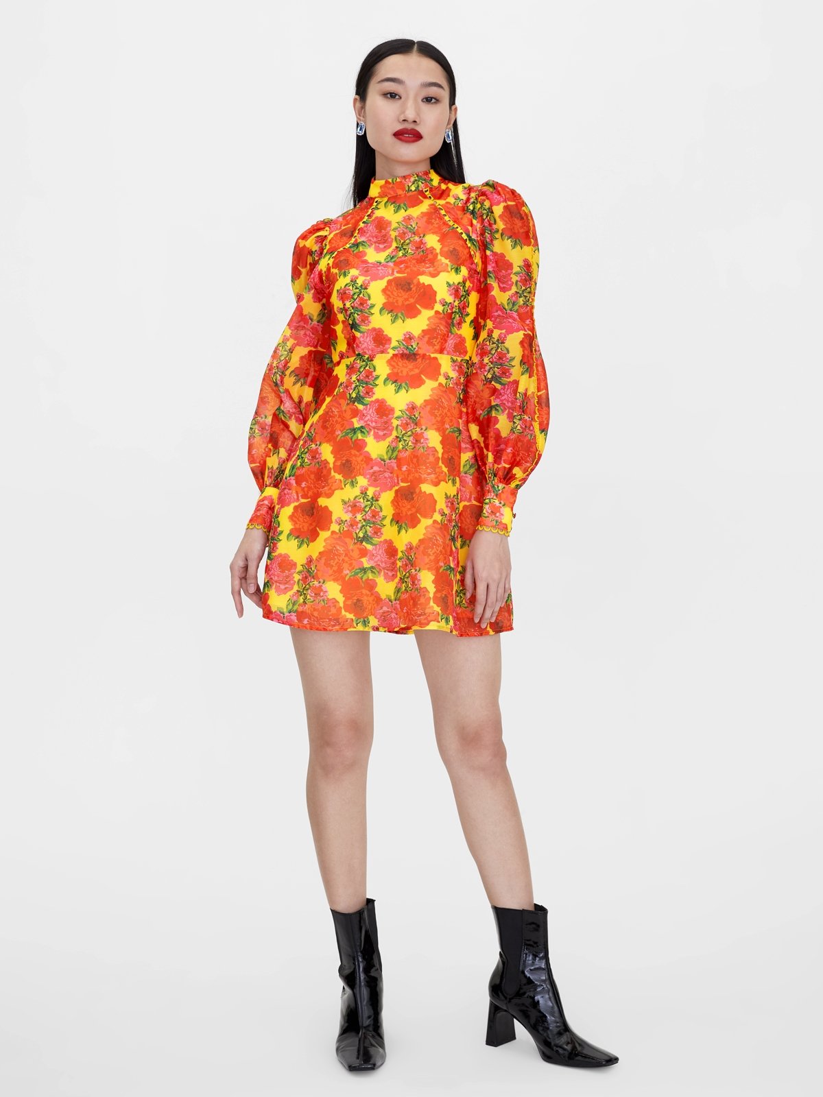 Eyelet Detail Long Sleeve Dress - Yellow - Pomelo Fashion