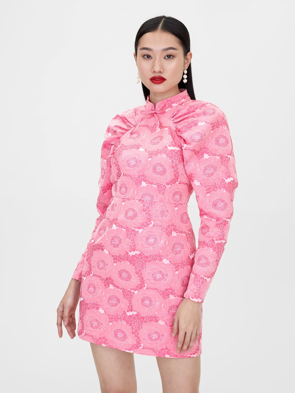 Long Sleeve Flower Print Dress - Pink - Pomelo Fashion