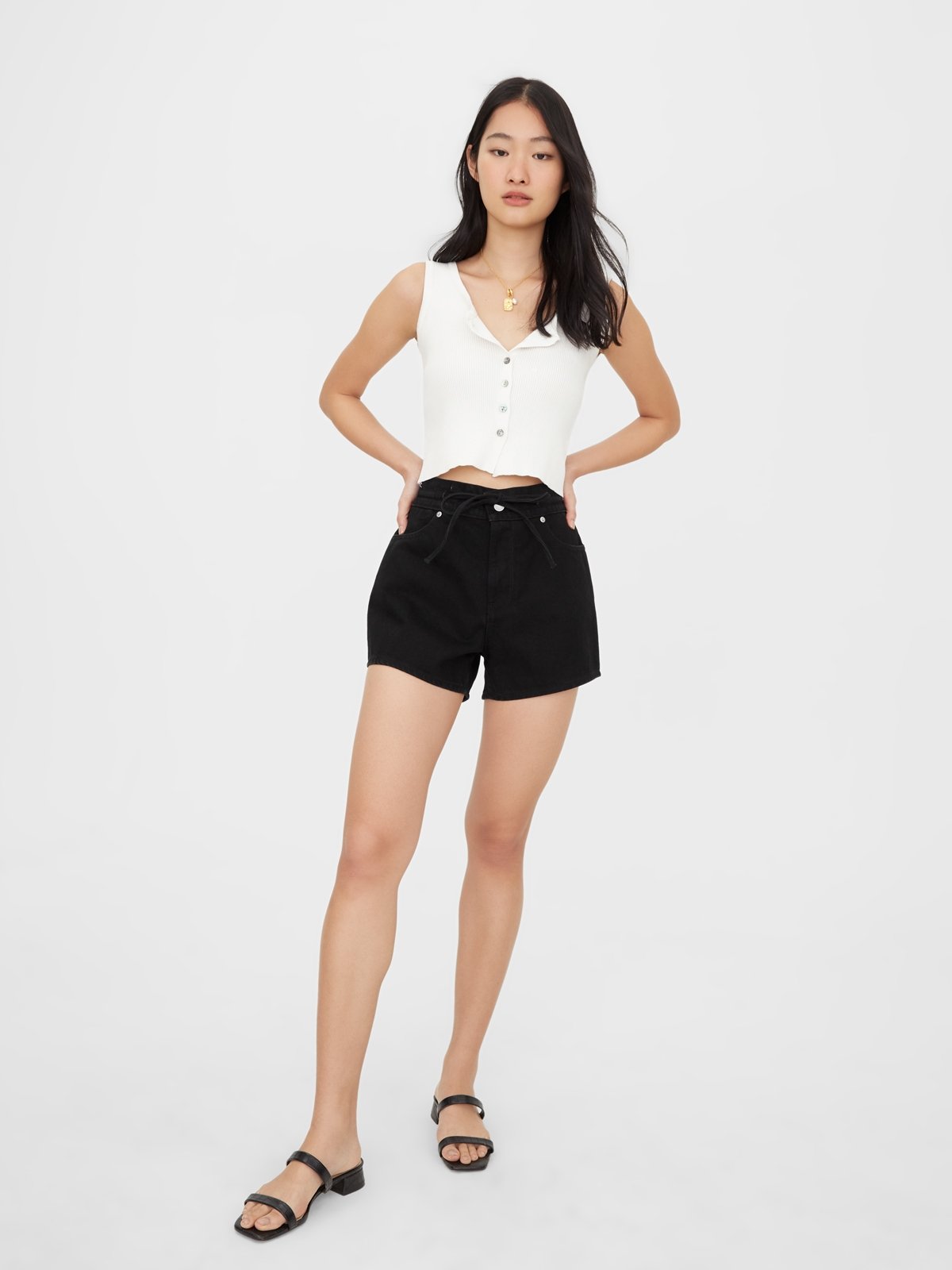 Sustainable Tie Front High Waist Shorts Black Pomelo Fashion
