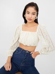 Lace Ruched Long Sleeve Crop Top Beige Pomelo Fashion