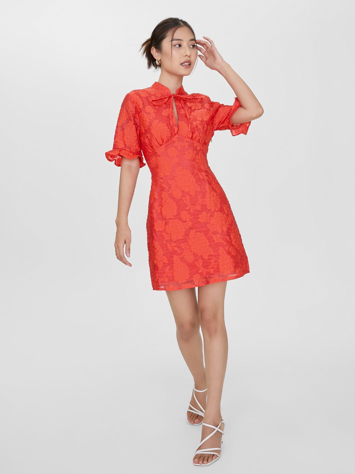 Tie Neck Ruched Dress - Red - Pomelo Fashion