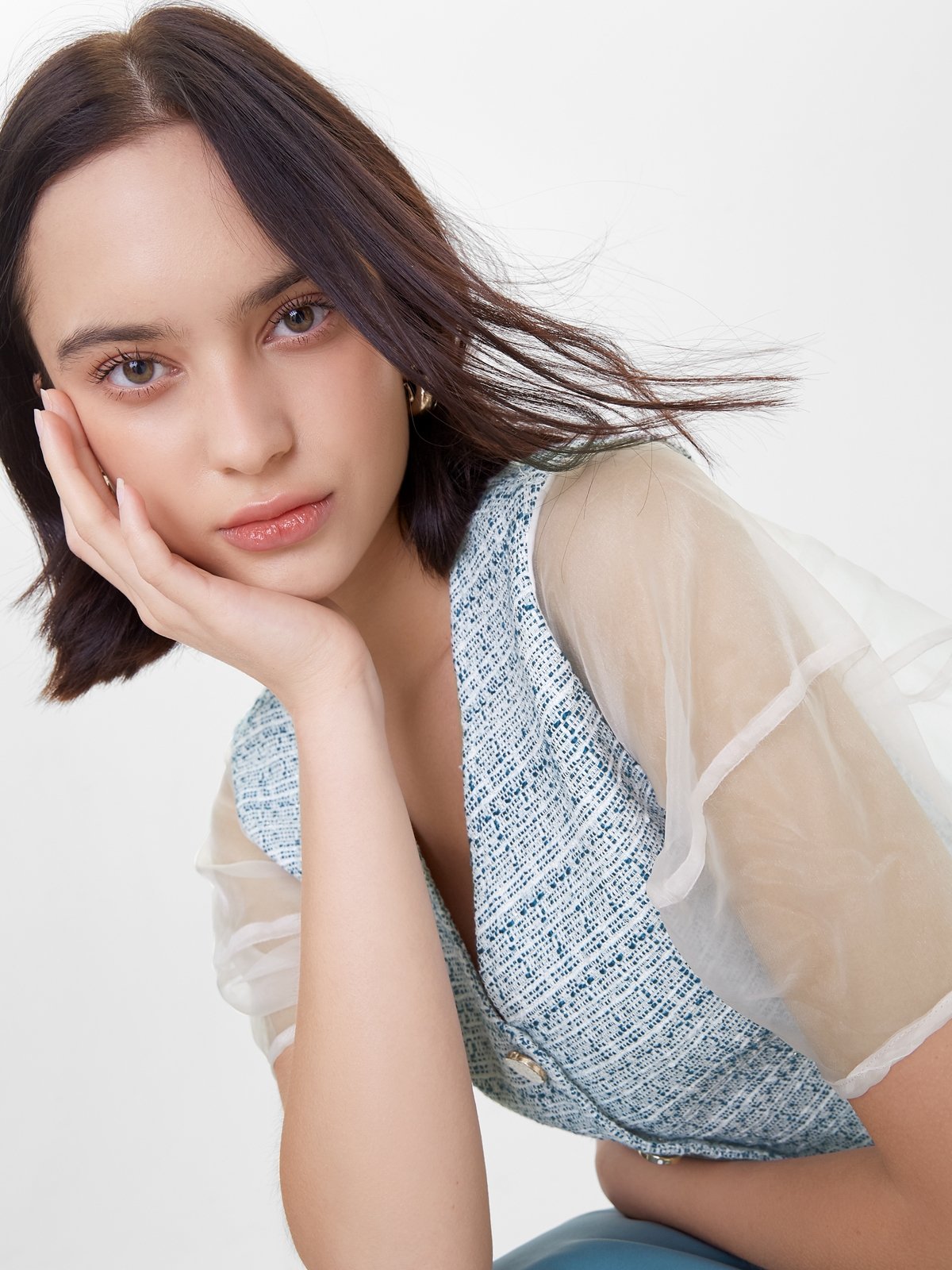 Sheer Sleeve Tweed Crop Top Blue Pomelo Fashion