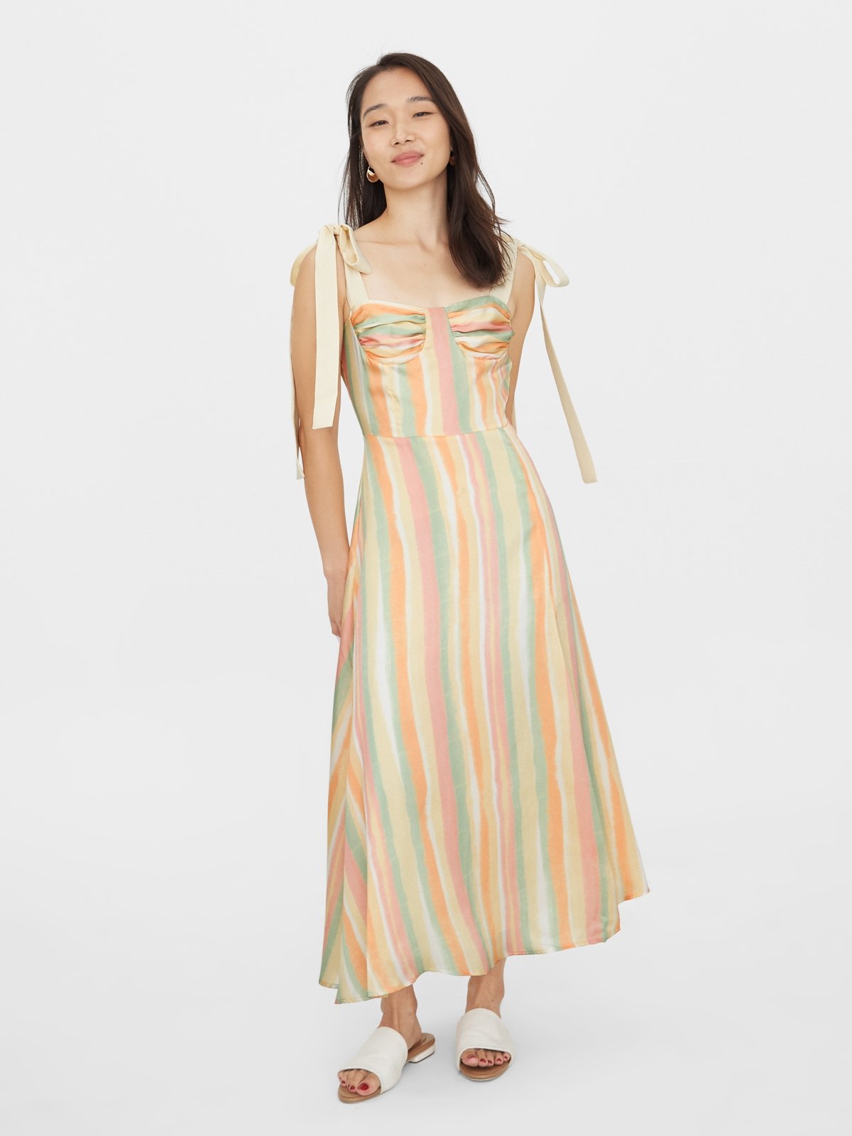 Watercolor Stripe Tie Shoulder Dress - Multi Color - Pomelo Fashion