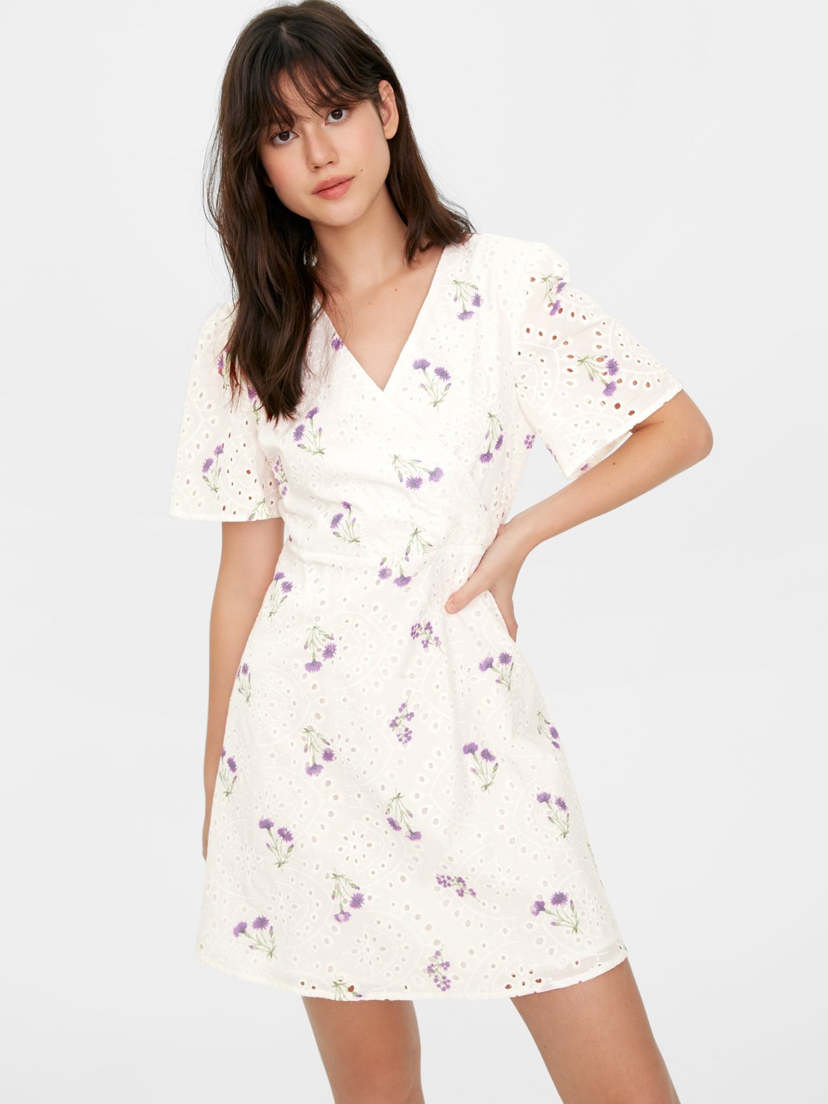 V Neck Wrap Floral Mini Dress - White - Pomelo Fashion