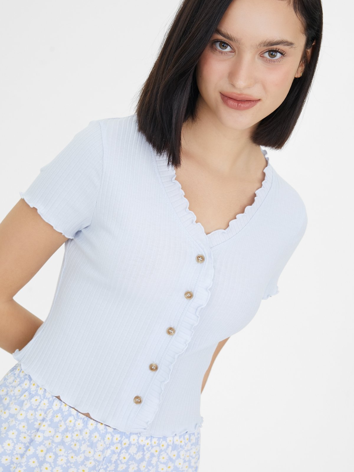 Ziggy Button Front Crop Top - Blue - Pomelo Fashion