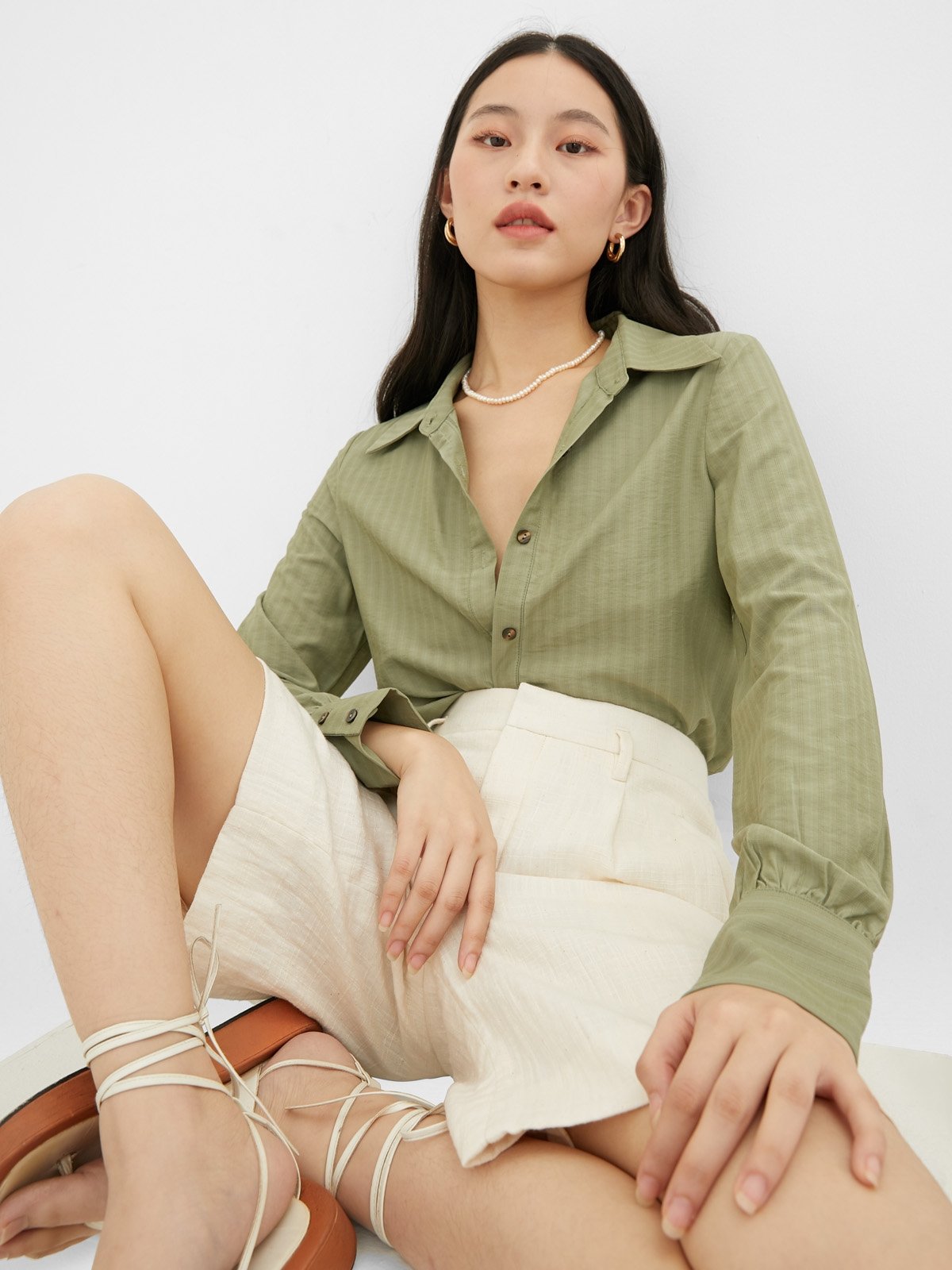 Flare Button Down Shirt - Green - Pomelo Fashion