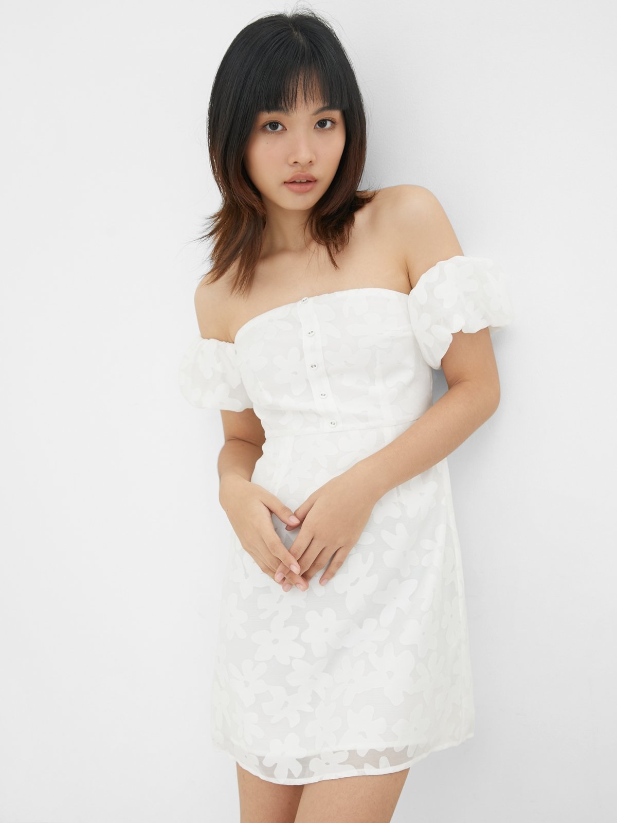 Off Shoulder Strap Dress - White - Pomelo Fashion