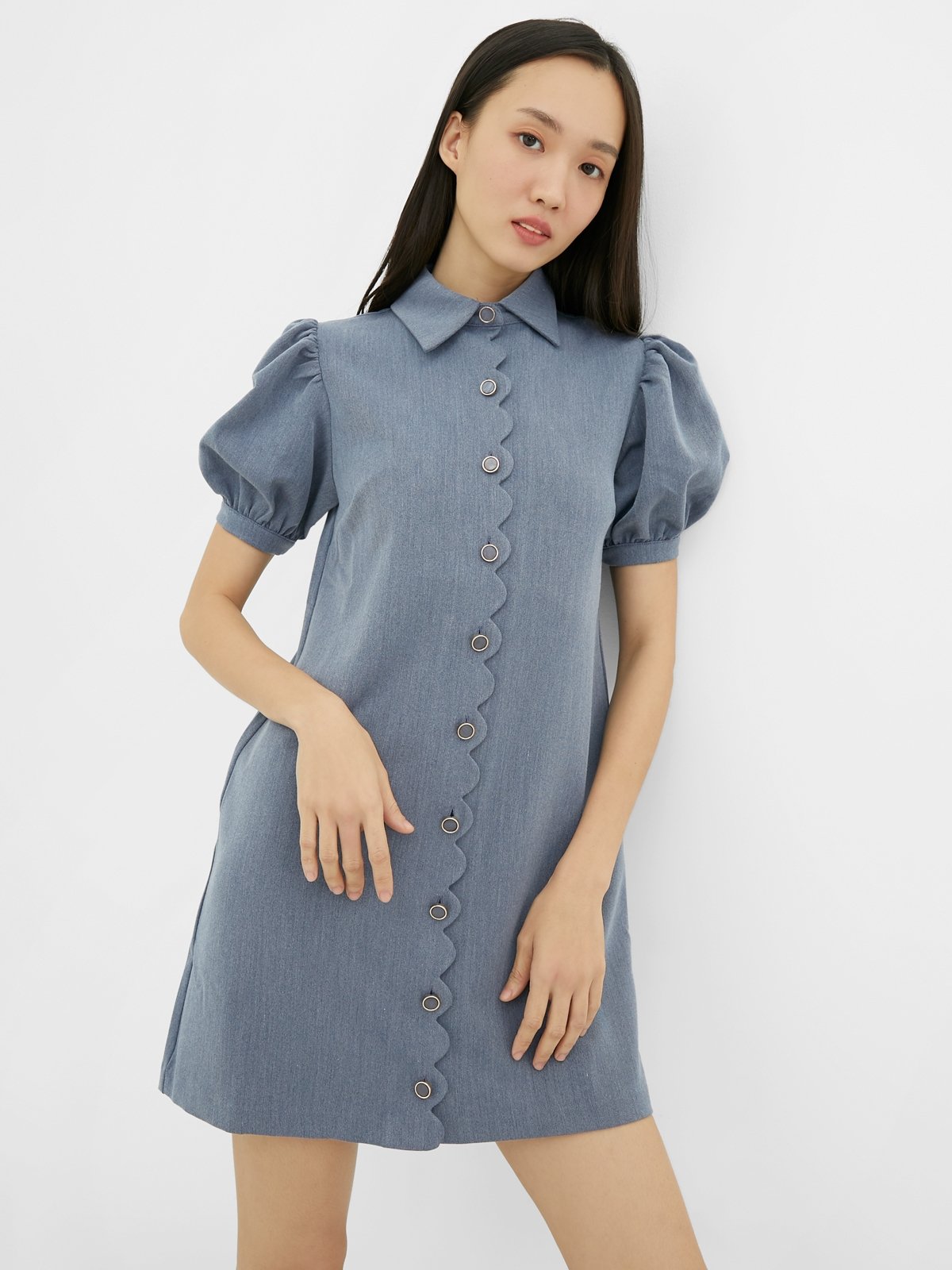 Puffed Sleeves Button Up Dress - Blue - Pomelo Fashion