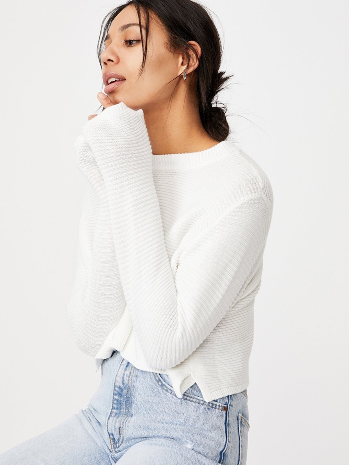 Cotton Cropped Pullover - Snow White - Pomelo Fashion