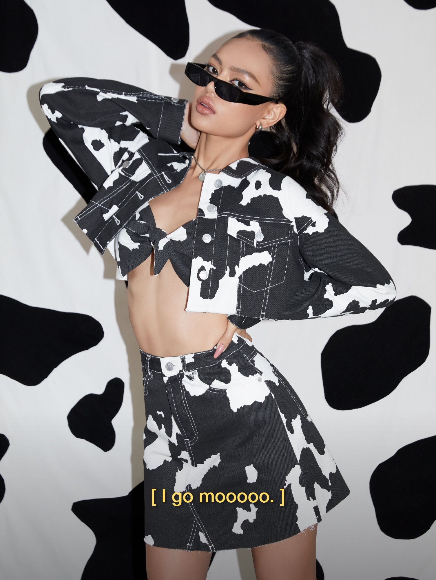 Cow Print Long Sleeve Jacket - White - Pomelo Fashion