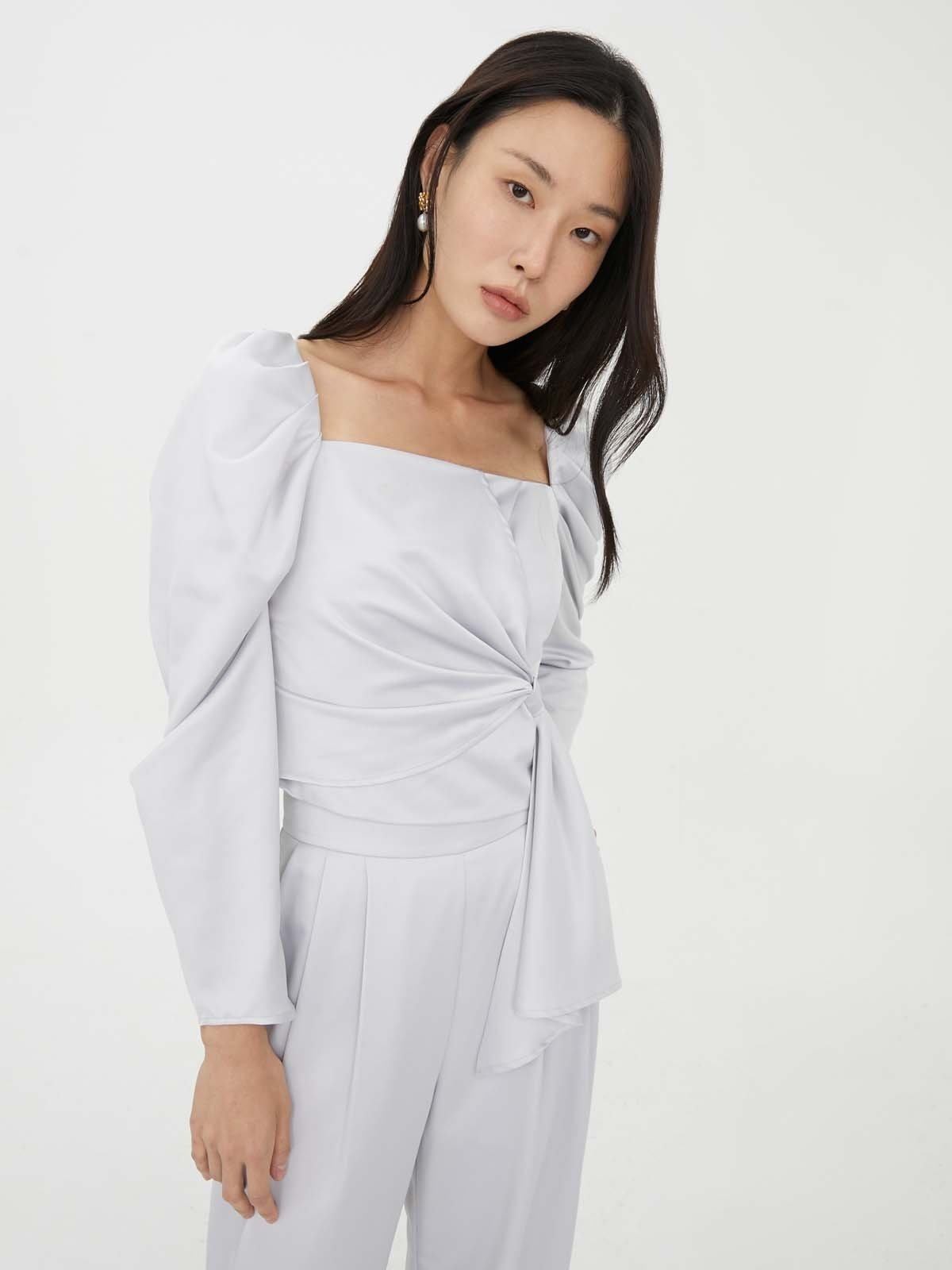 Gathered Front Long Sleeve Top - Light Grey - Pomelo Fashion