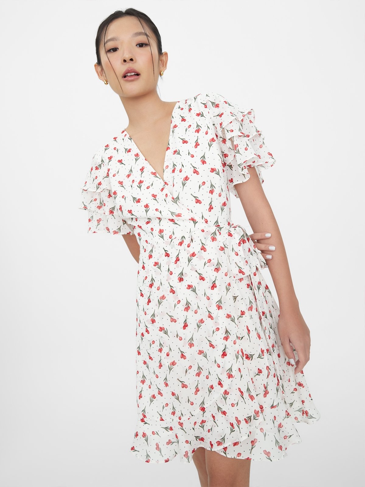 Ruffled Tulip Print Mini Dress - White - Pomelo Fashion