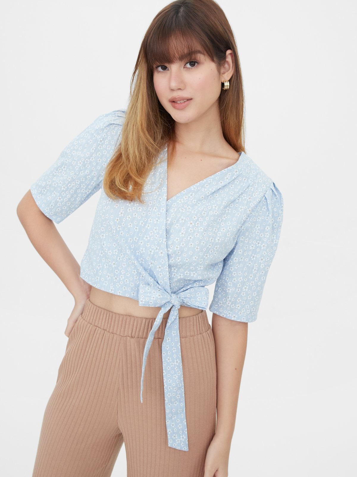 Floral Surplice Neckline Blouse - Blue - Pomelo Fashion