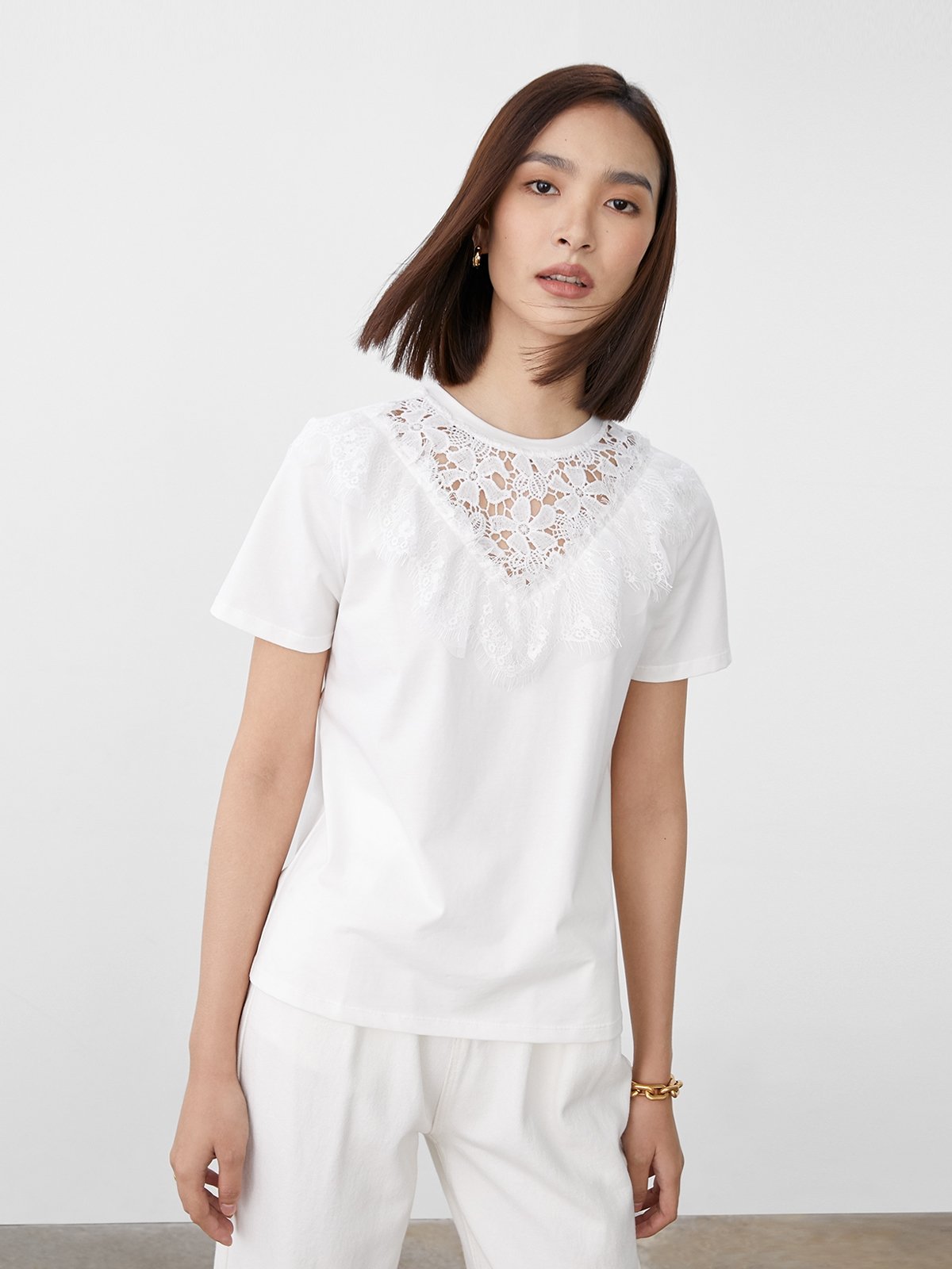 Ruffled Flower Eyelet Top - White - Pomelo Fashion