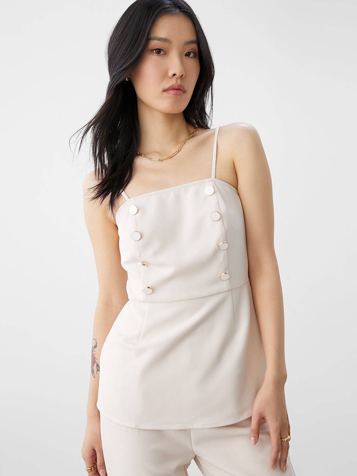 Button-Detailed Camisole Top - Cream - Pomelo Fashion