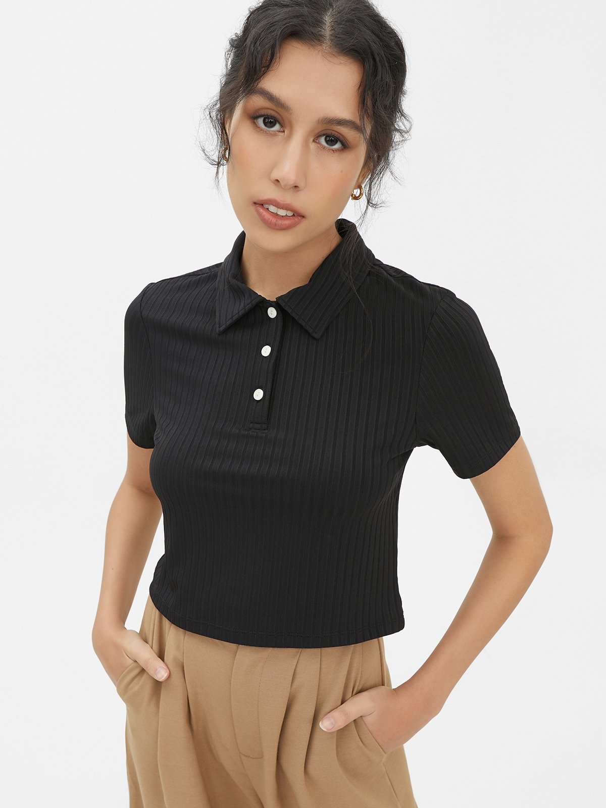 Short Sleeve Lapel Collar Tee - Black - Pomelo Fashion